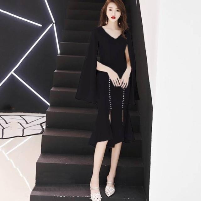 パーティードレス 無地 ５色 ボリューム袖 Ｖネック タイト スリット 膝丈 ミディ丈 フェミニン エレガント パーティー 女子会 結婚式