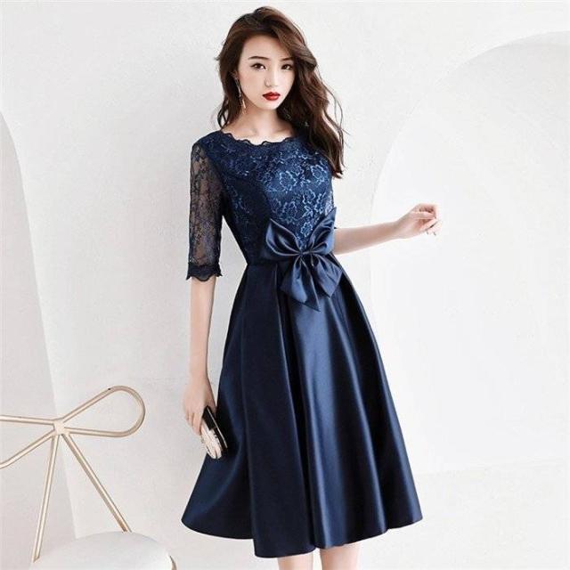 パーティードレス ３色 花柄 レース Ｕネック 五分袖 半袖 大きなリボン ウエストリボン 膝下丈 ミディ丈 フレア Ａライン フェミニン