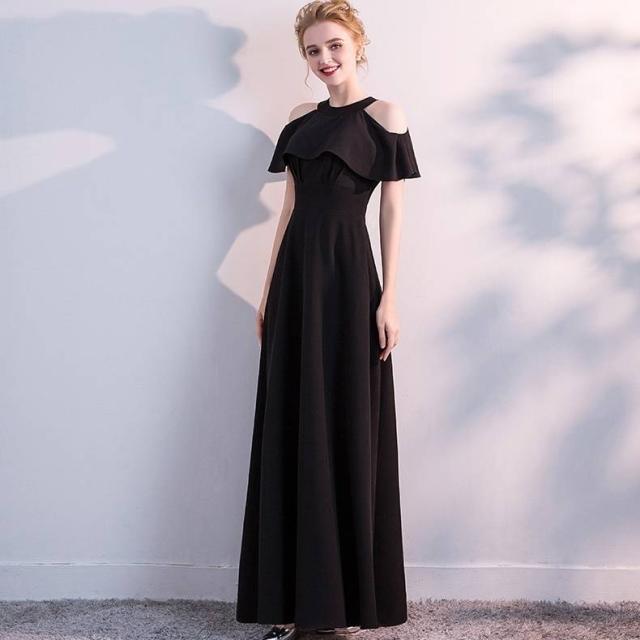 ロングドレス 黒 パーティードレス イブニングドレス 春夏 結婚式 二次会 披露宴 ブラック 大きいサイズ ロング丈 マキシ丈 半袖 袖あり 肩だし Aライン Iライン スレンダーライン 無地 フリル ラウンドネック 20代 30代 大人かわいい フォーマル