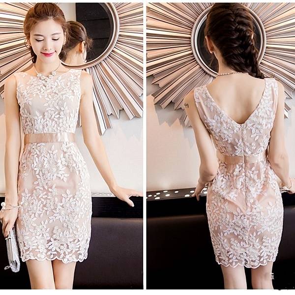 パーティードレス レース 花柄 ノースリーブ Ｕネック ミニ丈 ショート タイト ウエストマーク 異素材ミックス エレガント フェミニン
