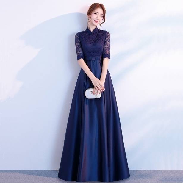 ロングドレス 演奏会 パーティードレス イブニングドレス 春夏 結婚式 二次会 披露宴 ネイビー 大きいサイズ ロング丈 マキシ丈 五分袖 袖あり Aライン Xライン フレア 刺繍 レース 花柄 透け感 シースルー 立ち襟 20代 30代 大人かわいい フォーマル