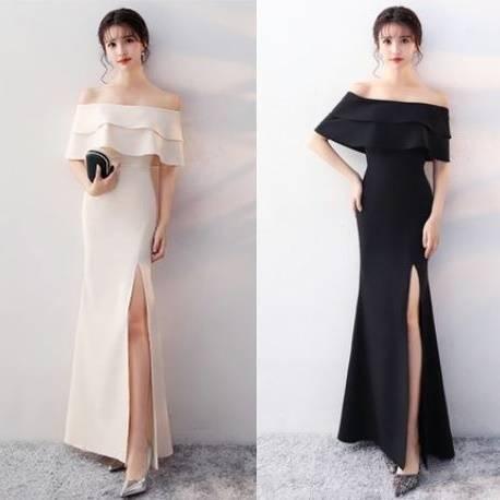 ロングドレス 黒 パーティードレス イブニングドレス 春夏 結婚式 二次会 披露宴 ブラック 大きいサイズ ロング丈 マキシ丈 ノースリーブ 半袖 袖あり Iライン スレンダーライン フレア 無地 スリット フリル オフショルダー 20代 30代