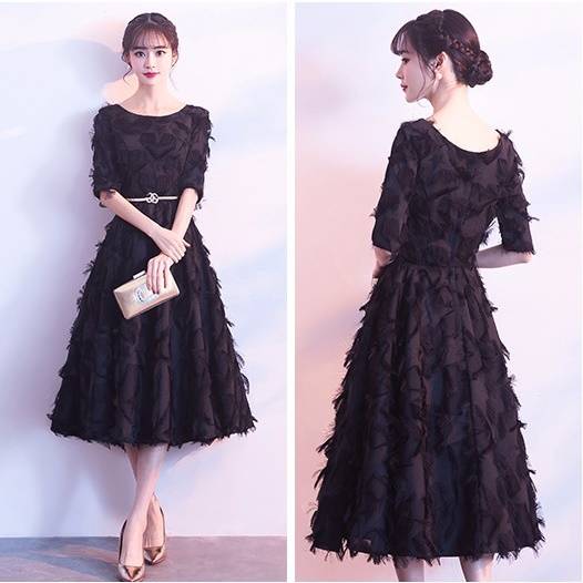 パーティードレス 星 フリンジ 五分袖 ラウンドネック フレア Ａライン フェザータッチ ミモレ丈 膝下丈 ３色 エレガント パーティー