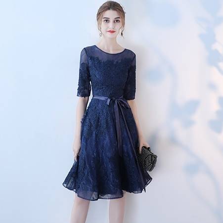 パーティードレス 花柄 レース 五分袖 ラウンドネック ウエストリボン ウエストマーク 透け感 フレア Ａライン 膝丈 ミ ディ丈 ４色