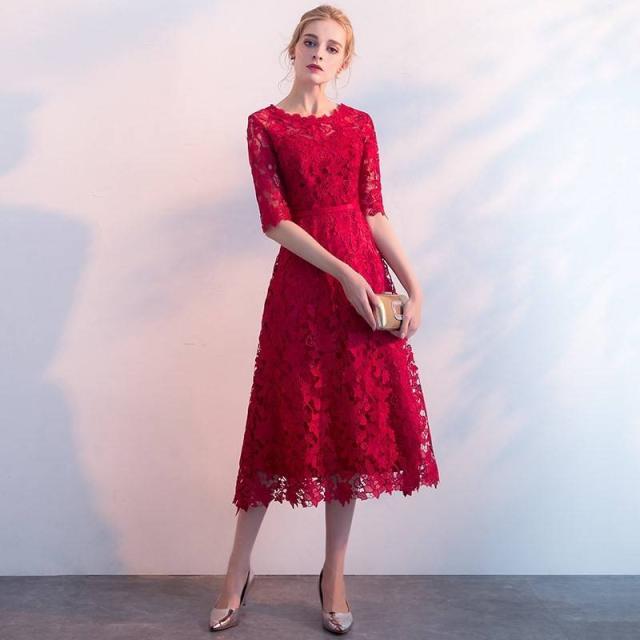 パーティードレス 花柄 レース Ｕネック スカラップ ２色 五分袖 フレア 膝下丈 ミモレ丈 Ａライン フェミニン エレガント パーティー