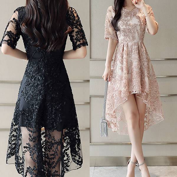 パーティードレス レース 刺繍 五分袖 ラウンドネック フィッシュテール 透け感 ミニ丈 ミディ丈 フレア Aライン フェミニン