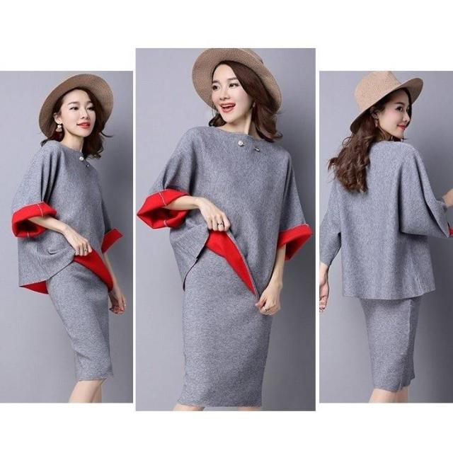 セットアップ ニット ５色 クルーネック 7分袖 ベルスリーブ ミディアム丈 膝丈 タイト ツーピース ５色 ビジュー 裏地カラー