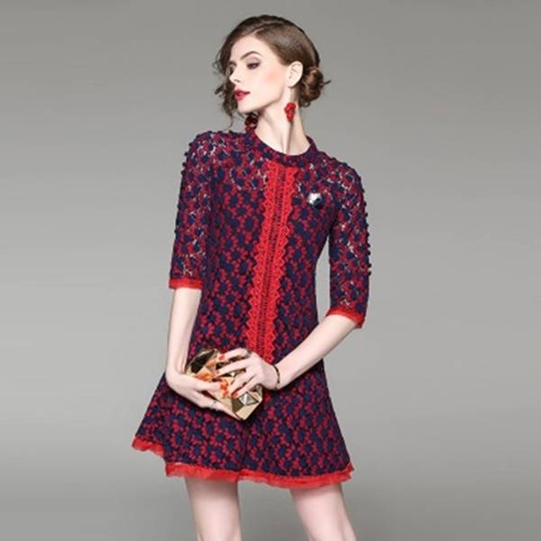 パーティードレス 新作 総レース 花柄 バイカラー 半袖 ミニ丈 ショート ミディアム フレア Aライン フェミニン エレガント パーティー