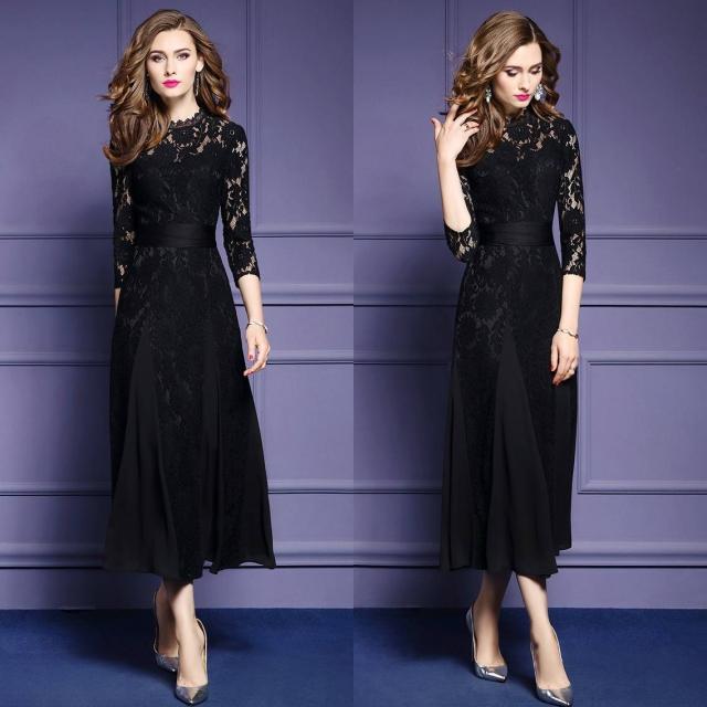 パーティードレス レース 透け感 花柄 切替 ７分袖 ラウンドネック スカラップ ロング フレア スリム 異素材ミックス エレガント