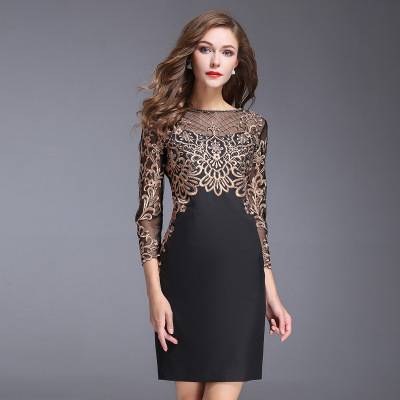 パーティードレス バイカラー 刺繍 ７分袖 ミニ丈 ボートネック タイト スマート 透け感 エレガント フェミニン パーティー 女子会