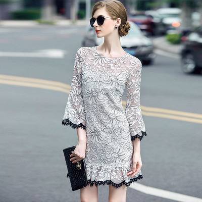 パーティードレス 刺繍 花柄 バイカラー フレア 裾フリル ベルスリーブ スカラップ ７分袖 ミニ丈 ショート エレガント フェミニン