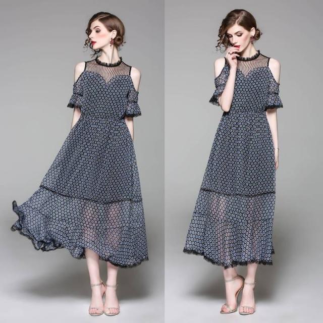 ワンピースドレス シフォン レース 透け感 切替 プリント オープンショルダー 半袖 フリル ロング スカラップ キュート フェミニン