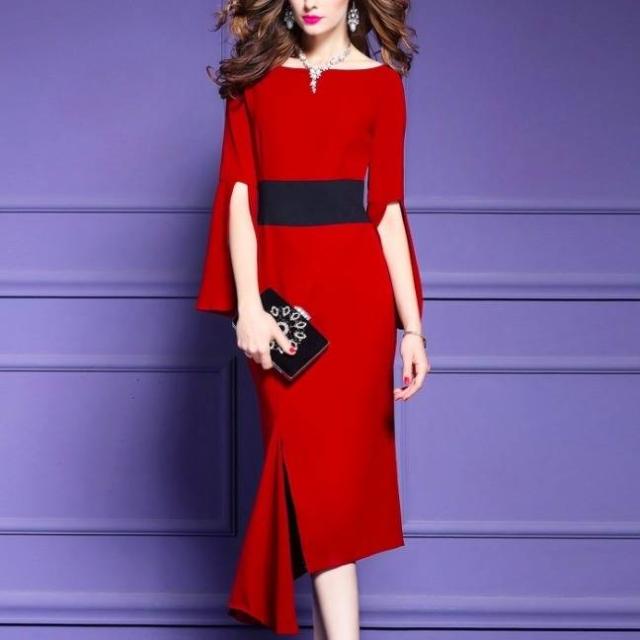 ドレス スリット タイト ボートネック フレアスリーブ 膝下丈 ミモレ丈 無地 ウエストマーク アシンメトリー ウエストマーク