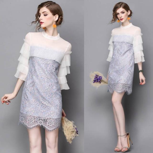 人気 ドレス レース 花柄 切替 ７分袖 グラデーション フレア袖 ハイネック ミニ丈 タイト 異素材切り替え 透け感 大人可愛い