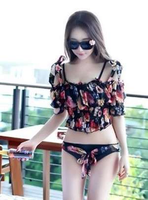 体型カバー 水着 ビキニ 4点セット 大きいサイズ レディース 2019年新作 ビーチウェア 40代 30代 フレアスカート フリル セットアップ 花柄 シフォン リボン カバーアップ 着やせ 韓国 ママ オシャレ ＸＬ 海 プール リゾート ビーチ ワンカラー