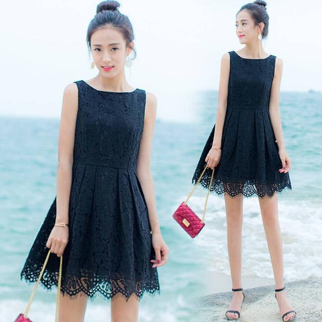 ノースリーブワンピース ハイウエスト フレア ひざ丈 レース シンプル ワンカラー レディース 2018年新作 定番 人気 およばれ 結婚式