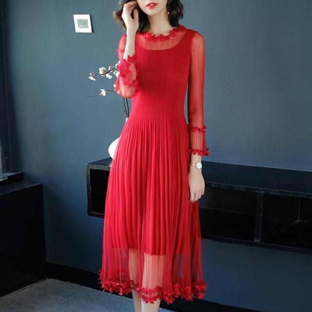 シースルー レース プリーツ ワントーン ミディロング丈 ワンピース エレガント 大人レディ 上品 レディース 2018年新作 定番 人気