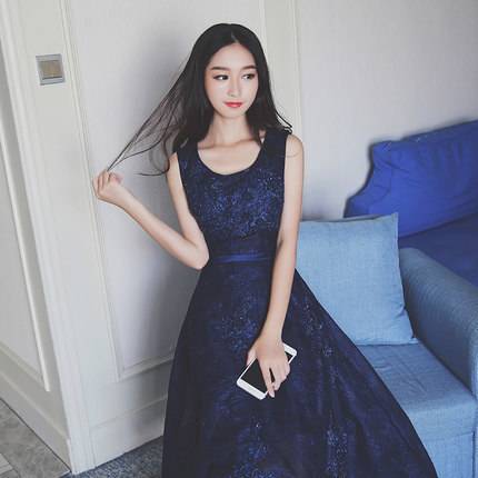 フラワー刺繍 ウエストマーク ロングフレアドレス ノースリーブ レース 刺繍 ハイウエスト ワンカラー レディース ２０１８年新作 定番