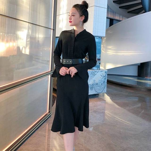 スタンドカラー フレアスリーブ ミディアムフレアドレス ハイウエスト ベルト 無地 シンプル ワンカラー エレガント 上品 フリルヘム