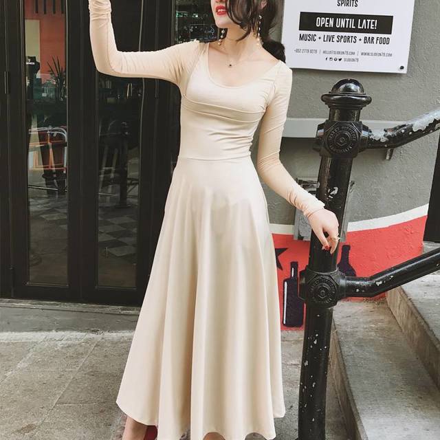 薄手ニット キャミソール ロングフレアドレス 長袖 ハイウエスト Aライン 上品 無地 シンプル エレガント 大人レディ レディース