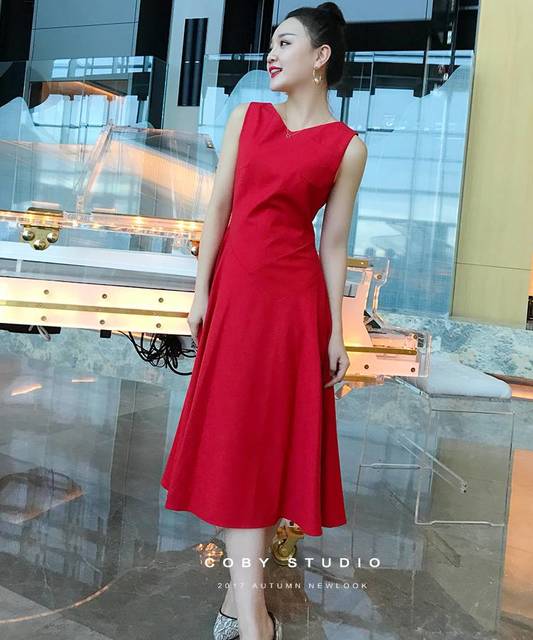 ノースリーブ Vネック ロングフレアドレス ひざ丈 無地 シンプル エレガント 上品 華やか ワンカラー レディース 2018年新作 定番 人気