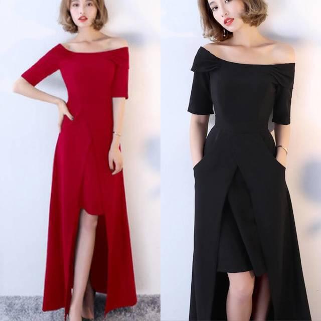 オフショルダー センタースリット ロングフレアドレス アシンメトリー 無地 ワンカラー シンプル 上品 エレガント 華やか レディース