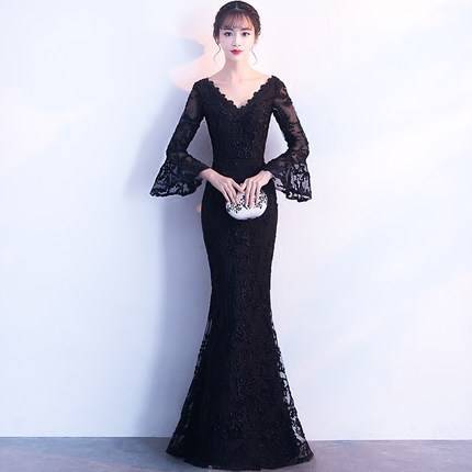 ロングドレス 黒 スレンダーライン 袖あり 演奏会 パーティードレス お呼ばれ 謝恩会 大きいサイズ ゆったり大きいサイズ ロング丈 長袖 タイト 刺繍 花柄 レース 20代 30代 40代 フォーマル セクシー エレガント Vネック マーメイド ドレッシー 結婚式 発表会 披露宴