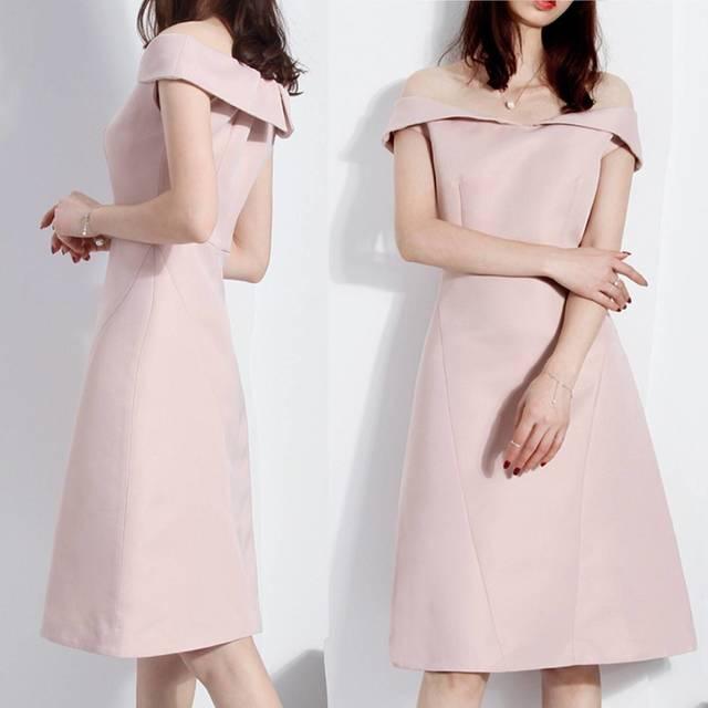 オフショルダー ハイウエスト ミディアムドレス ピンク パーティドレス 無地 シンプル ワンカラー フェミニン レディース 2018年新作