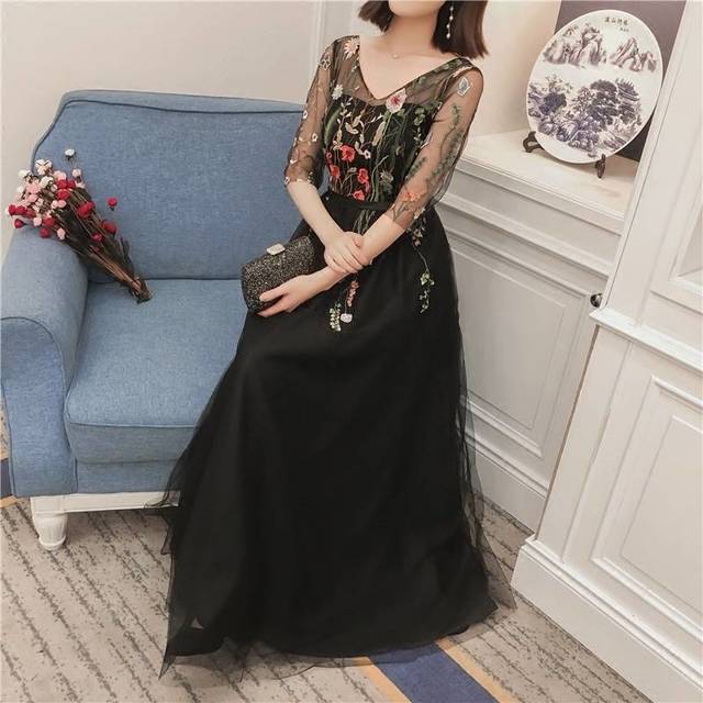 Vネック フラワー刺繍 ロングフレアドレス シースルー 透け感 花柄 切り替え ハイウエスト Aライン 上品 レディース ２０１８年新作