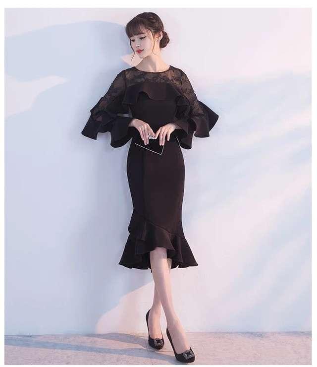 黒 袖あり スレンダーライン パーティードレス ワンピースドレス ワンピース タイトドレス お呼ばれドレス イブニングドレス 二次会 お呼ばれ デート 同窓会 謝恩会 食事会 ブラック ミモレ丈 七分袖 タイト マーメイドライン レース 透け感 シースルー フリル エレガント