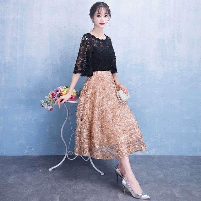 黒 袖あり パーティードレス ワンピースドレス ワンピース ドレスワンピ お呼ばれドレス イブニングドレス 二次会 お呼ばれ 同窓会 謝恩会 食事会 ブラック バイカラー 大きいサイズ ミモレ丈 5分袖 フレア Aライン レース 総レース シースルー 透け感 クルーネック 20代 30代