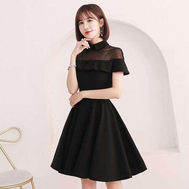 袖あり 黒 パーティードレス ワンピース ワンピースドレス ドレスワンピ お呼ばれドレス イブニングドレス 二次会 お呼ばれ デート 同窓会 謝恩会 食事会 ブラック 大きいサイズ ひざ丈 半袖 Xライン フレア 無地 シースルー 透け感 フリル 立ち襟 20代 30代 シンプル 上品