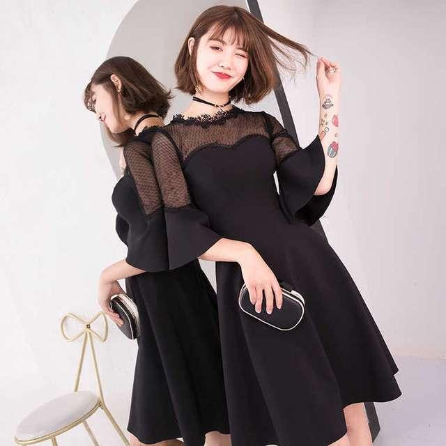 袖あり 黒 パーティードレス ワンピース ワンピースドレス ドレスワンピ お呼ばれドレス イブニングドレス 二次会 お呼ばれ デート 同窓会 謝恩会 食事会 ブラック 大きいサイズ ひざ丈 5分袖 Aライン フレア 無地 レース レース切り替え シースルー 透け感 ハイネック 上品