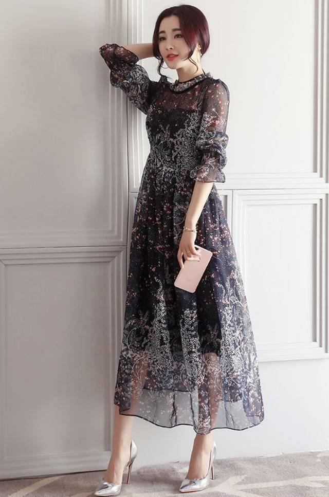 ロングドレス 袖あり パーティードレス お呼ばれドレス イブニングドレス 二次会 お呼ばれ デート 同窓会 食事会 リゾート ゲスト ネイビー大きいサイズ ロング丈 マキシ丈 5分袖 Aライン フレア シフォン シースルー 透け感 20代 30代 40代 ラウンドネック 大人可愛い 大人