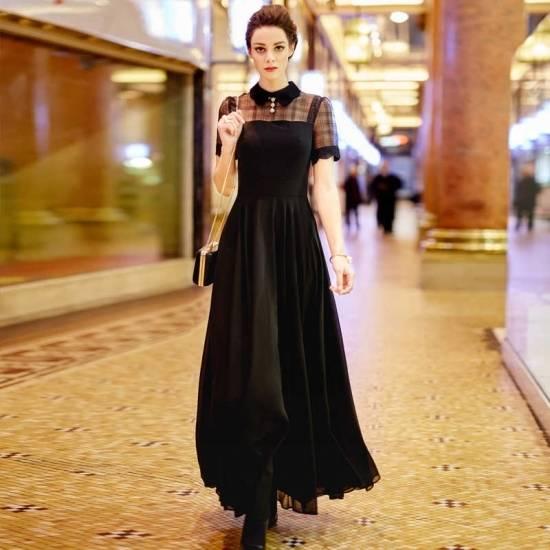 シャツカラー チェック シースルー切り替え マキシロングワンピース シンプル 綺麗 おしゃれ 可愛い 上品 清楚 デート 結婚式 二次会