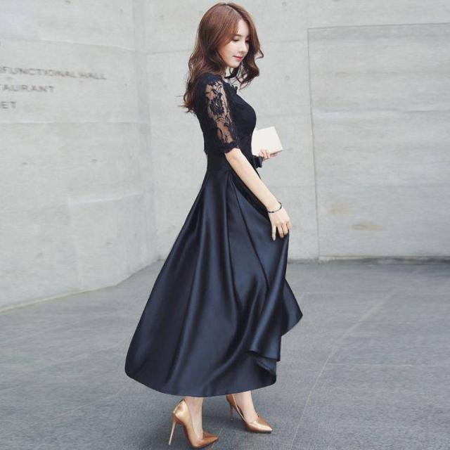 パーティードレス 花 モチーフ レース 袖あり 大人 ワンピース 花柄 フレア Uネック ロング 半袖 レース レディース 2018年新作 定番