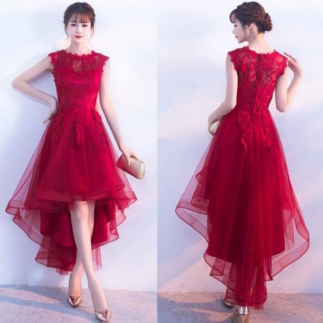 パーティードレス 花柄刺繍レース フィッシュテール ワンピース クルーネック 花柄 フレア 無地 ミディアム レース レディース