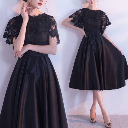 パーティードレス 結婚式 花 モチーフ レース インポート 袖あり 花柄 フレア Uネック ミディアム 半袖 ミモレ丈 レース レディース