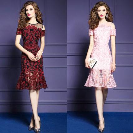 ワンピース インポート刺繍 膝丈 大人 上品 花柄 30代 40代 50代 Aライン ナイロン Uネック ミディアム 半袖 レディース