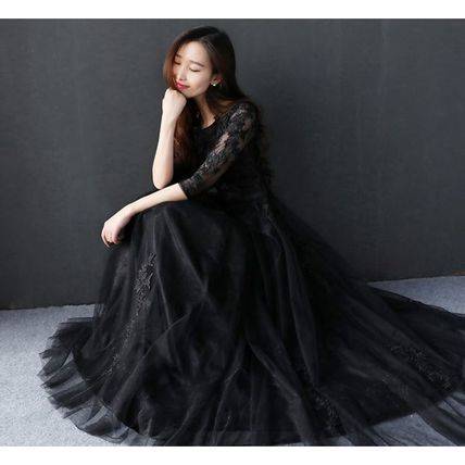 結婚式 二次会 インポート ロングドレス パーティー 袖あり 大人 クルーネック 花柄 Aライン 七分丈 無地 ロング レース レディース