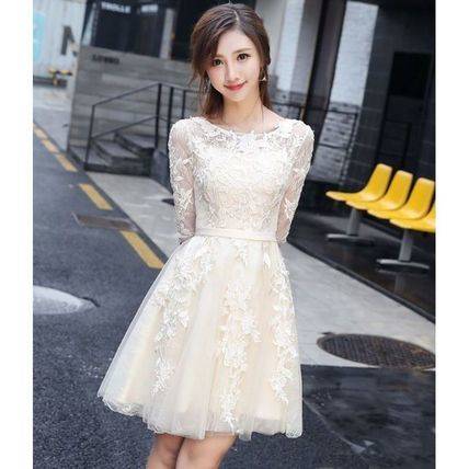 インポート パーティードレス ワンピース 袖あり 結婚式 二次会 クルーネック フレア 七分丈 無地 ミディアム レディース