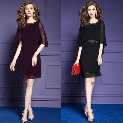 ワンピース 二色 インポート 膝丈 大人 上品 30代 40代 50代 Aライン Uネック 無地 ミディアム レディース ２０１８年新作 定番 人気