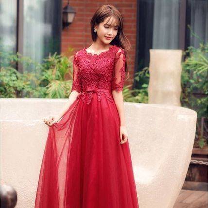 インポート ロングドレス 結婚式 二次会 レース パーティー 大人 クルーネック 花柄 七分丈 無地 ロング レディース ２０１８年新作