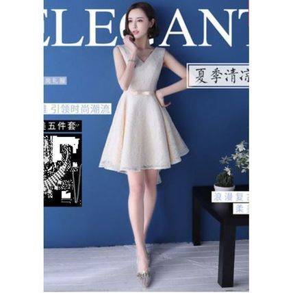 花柄 レース 膝丈 フィッシュテール パーティードレス 演奏会 花柄 ノースリーブ フレア Vネック ミディアム レディース