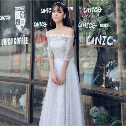 グレー インポート 大人 ロングパーティードレス 結婚式 二次会 花柄 マキシ オフショルダー ボートネック 無地 ロング レディース