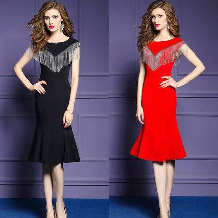 ワンピース インポート 膝丈 フィッシュテール 30代 40代 50代 Aライン Uネック 無地 ミディアム 半袖 ミモレ丈 レディース