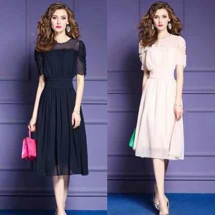 ワンピース インポート シフォン 膝丈 大人 上品 30代 40代 50代 シフォン Uネック 無地 ミディアム 半袖 ミモレ丈 レディース