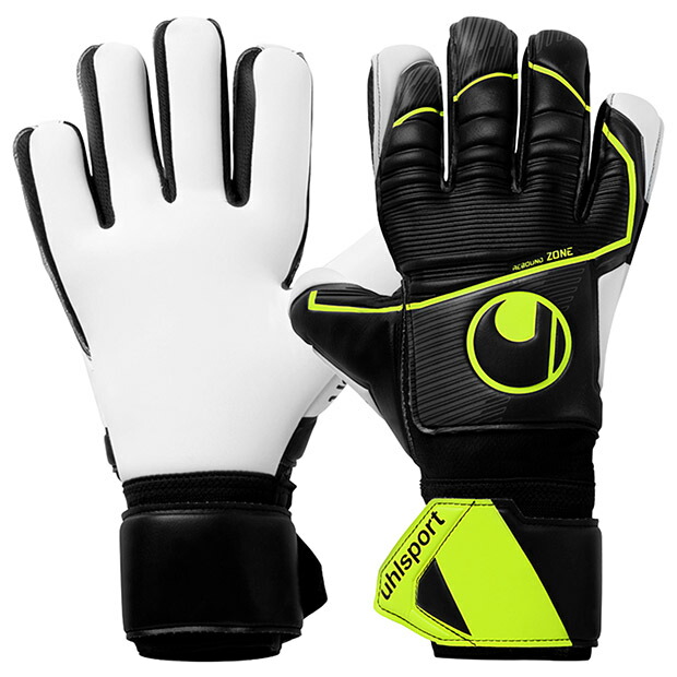 スーパーソフト|ハーフネガティブ|フレックスフレーム　ブラック×フローイエロー　【Uhlsport|ウールシュポルト】サッカーフットサルゴールキーパーグローブ1011352-01