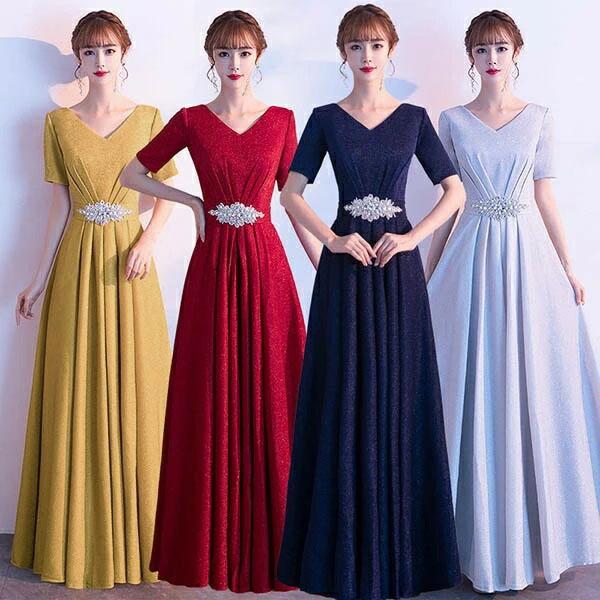 【送料無料】ドレス 大人 ピアノ 発表会 ロングドレス 演奏会 ピアノ発表会 袖あり パーティードレス ワンピース ステージドレス 女子会 謝恩会 二次会 大人 フォーマル キラキラ Aライン  韓国風 ワインレッド ネイビー シルバー イエロー