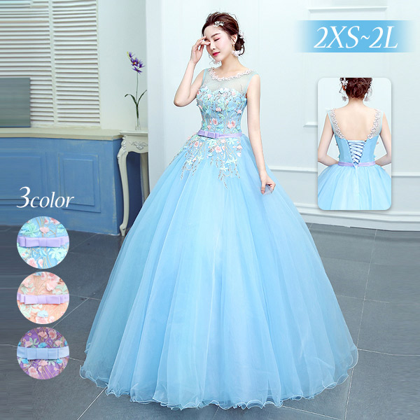 ドレス パーティードレス ワンピース 大きいサイズ ロングドレス カラードレス 二次会 花嫁 袖あり 演奏会 他と被らない ピアノ 発表会 演奏会用ドレス ステージ衣装 ラウンドネック ブルー ピンク パープル コンサート